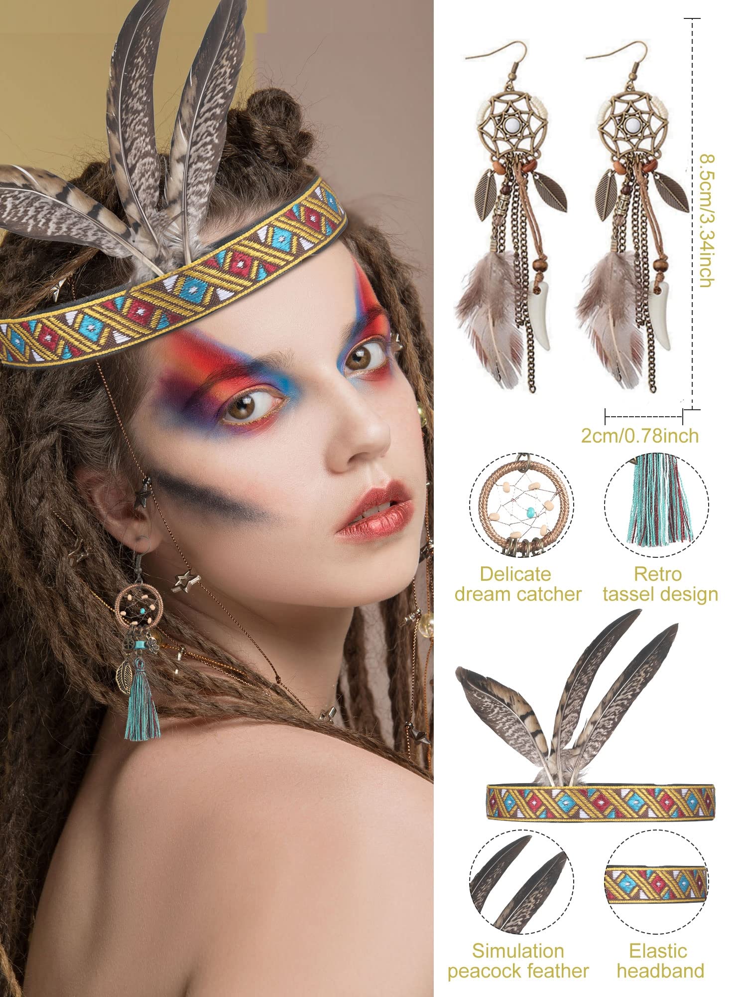 Hicarer 5 Pieces Indian Native American Jewelry Set Includes Feather Headdress Faux Peacock Feather Hair Band Boho Dream Catcher Dangle Earrings Choker Necklace Bracelet for Women Catcher Tassel