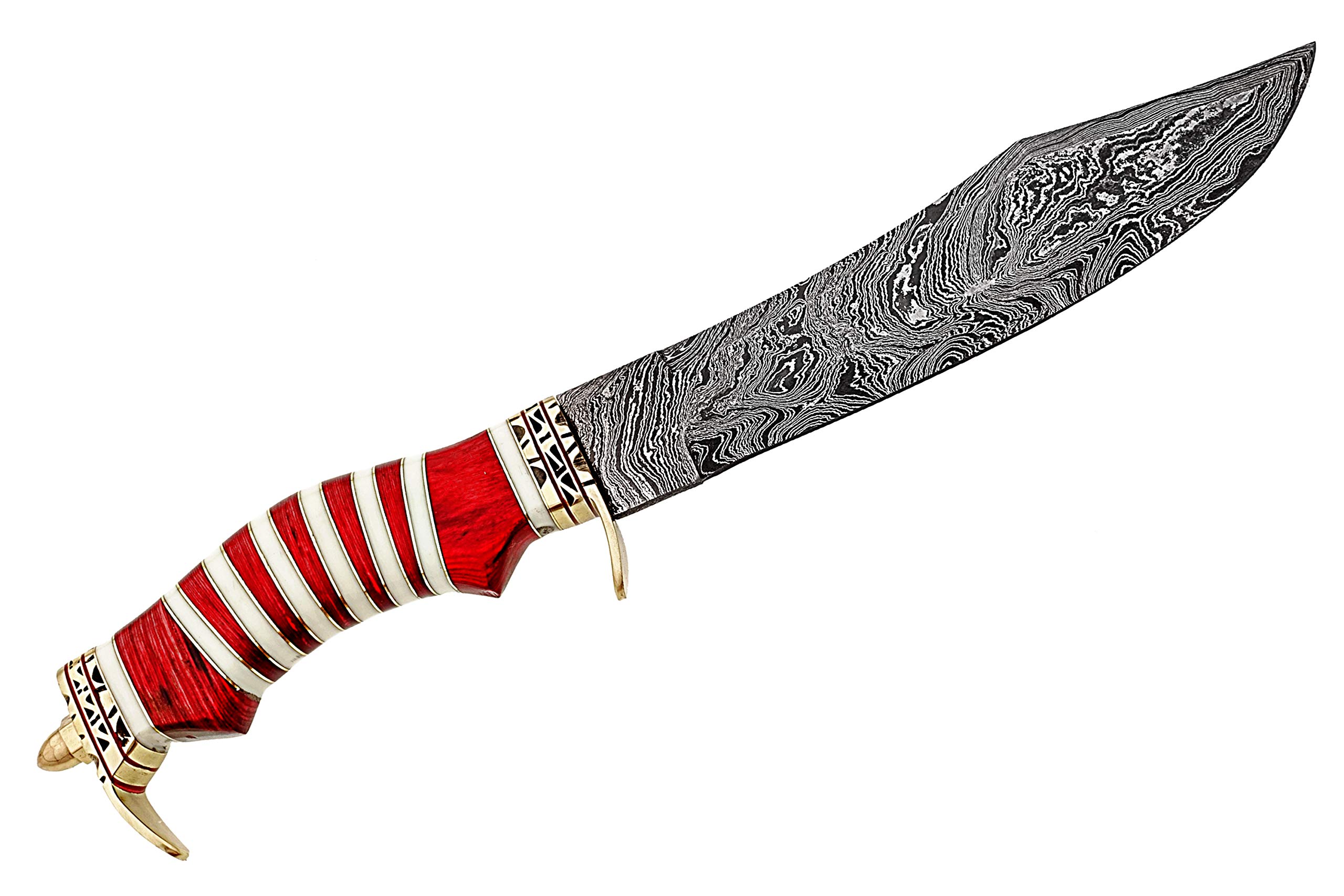 Damascus Steel Hunting Knife - Fixed Blade Knives with Sheath - Handle Combination of Walnut Wood and Camel Bone with Brass Spacer (RW)