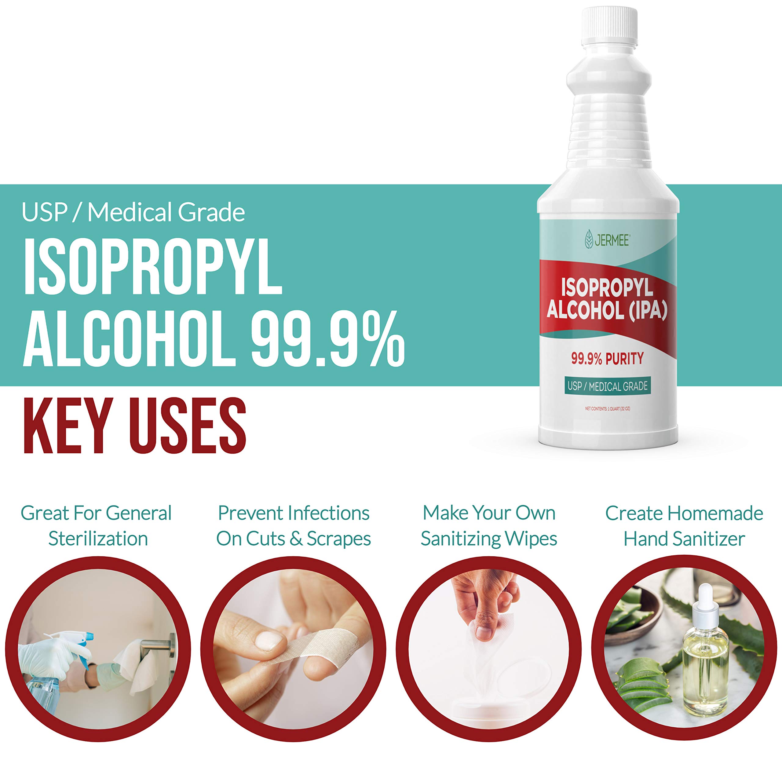 Jermee Isopropyl Alcohol (IPA) 99.9% Purity - USP/Medical Grade - Concentrated Rubbing Alcohol, Made in The USA - 128 oz