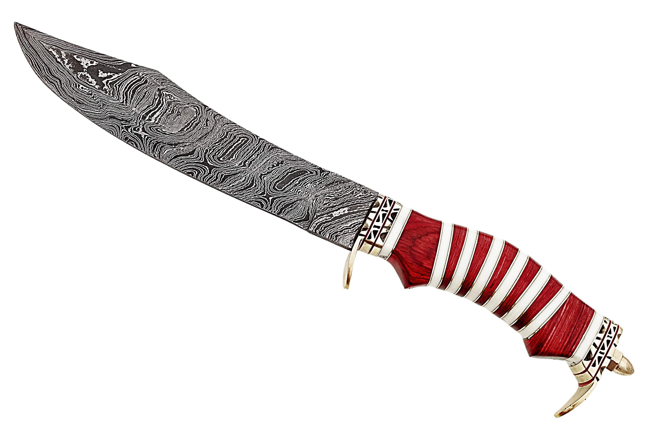 Damascus Steel Hunting Knife - Fixed Blade Knives with Sheath - Handle Combination of Walnut Wood and Camel Bone with Brass Spacer (RW)