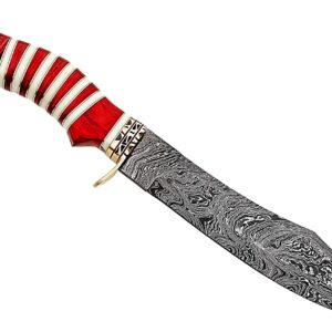 Damascus Steel Hunting Knife - Fixed Blade Knives with Sheath - Handle Combination of Walnut Wood and Camel Bone with Brass Spacer (RW)