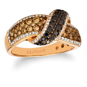 le vian 1 1/3 carat black white and chocolate diamond statement ribbon ring for women in 14k rose gold (g-h/brown, vs2-si1/si2-i1, cttw) promise anniversary ring size 7 by levian