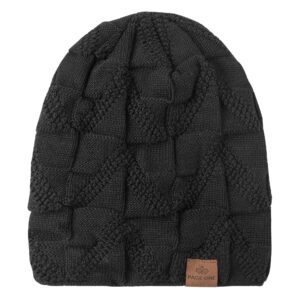 PAGE ONE Mens Winter Slouchy Beanie Warm Fleece Lined Skull Cap Baggy Cable Knit Hat Pure Black