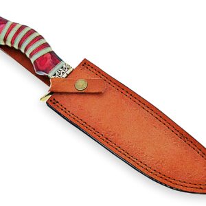 Damascus Steel Hunting Knife - Fixed Blade Knives with Sheath - Handle Combination of Walnut Wood and Camel Bone with Brass Spacer (RW)