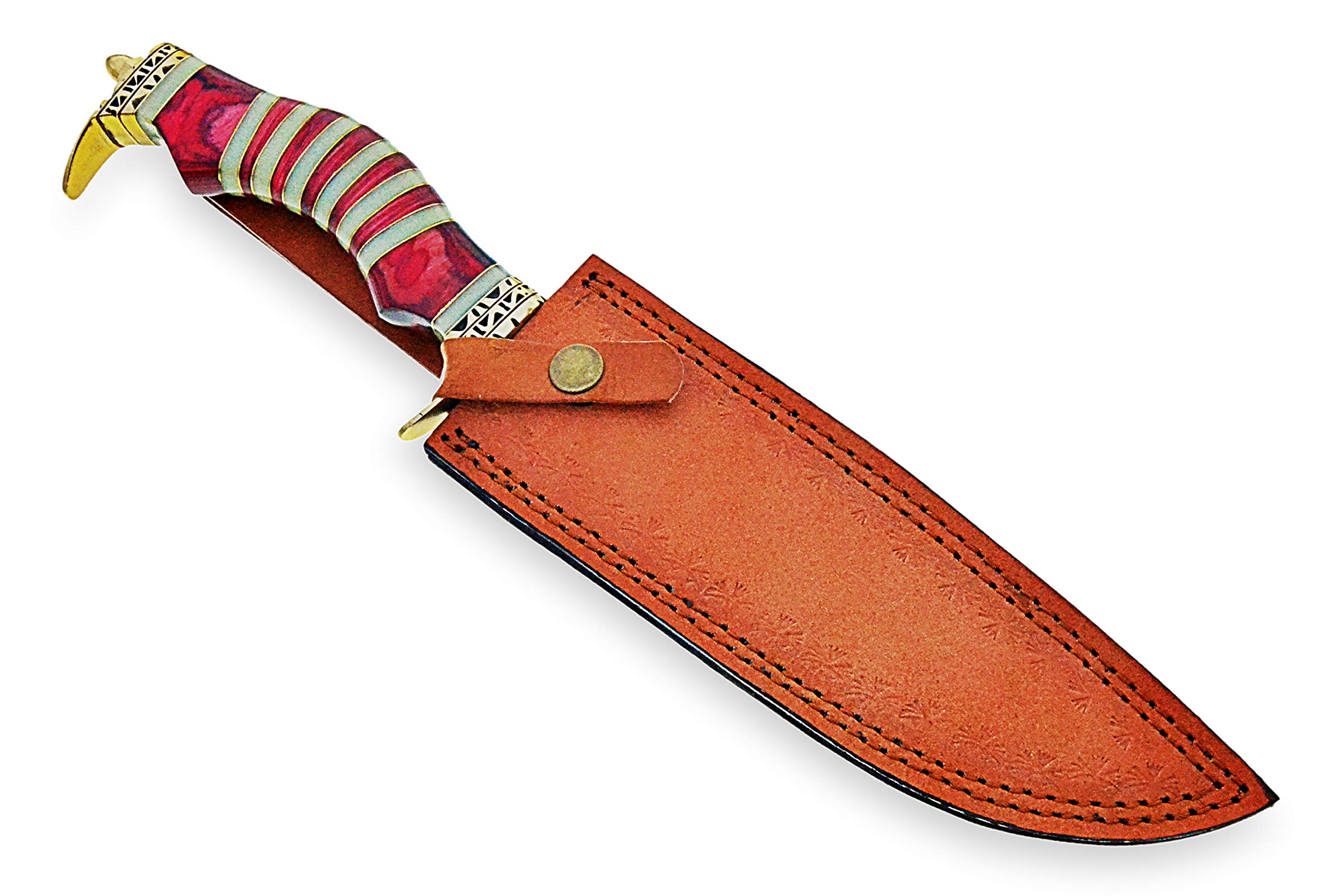 Damascus Steel Hunting Knife - Fixed Blade Knives with Sheath - Handle Combination of Walnut Wood and Camel Bone with Brass Spacer (RW)