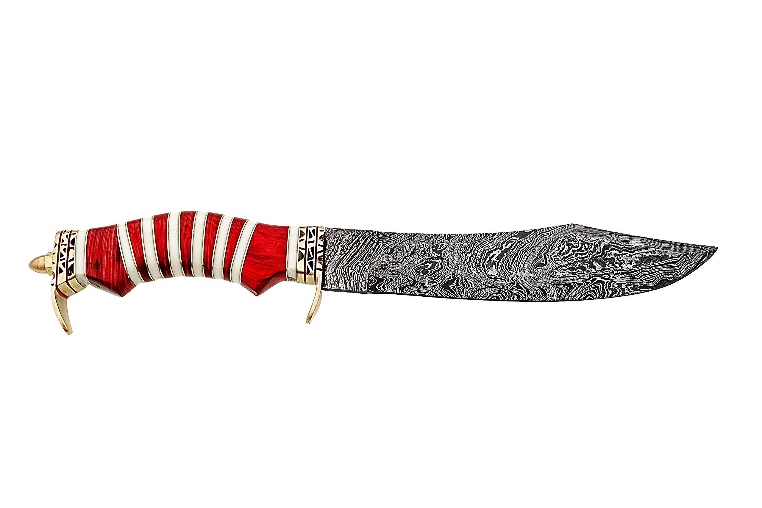 Damascus Steel Hunting Knife - Fixed Blade Knives with Sheath - Handle Combination of Walnut Wood and Camel Bone with Brass Spacer (RW)