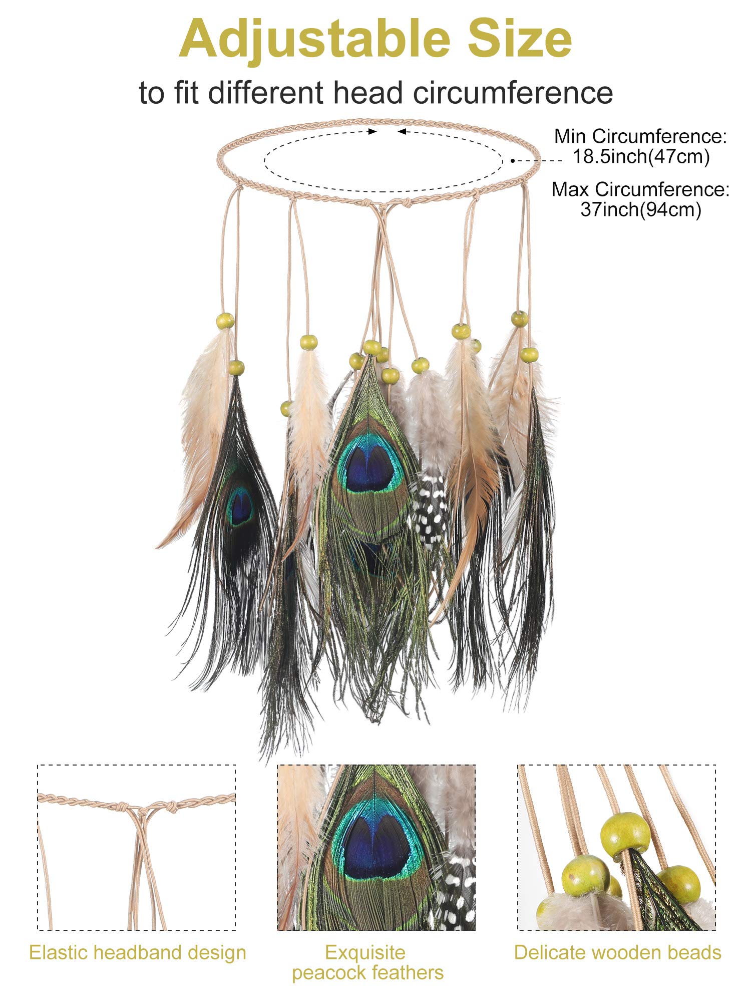 Hicarer 5 Pieces Indian Native American Jewelry Set Includes Feather Headdress Faux Peacock Feather Hair Band Boho Dream Catcher Dangle Earrings Choker Necklace Bracelet for Women Catcher Tassel