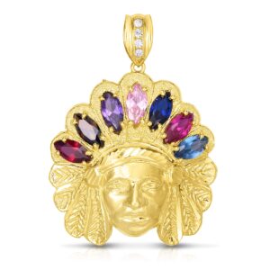 floreo 10k yellow gold multi color gemstone and cz native american indian tribal chief head pendant, medium (1.7 x1.2 inch)