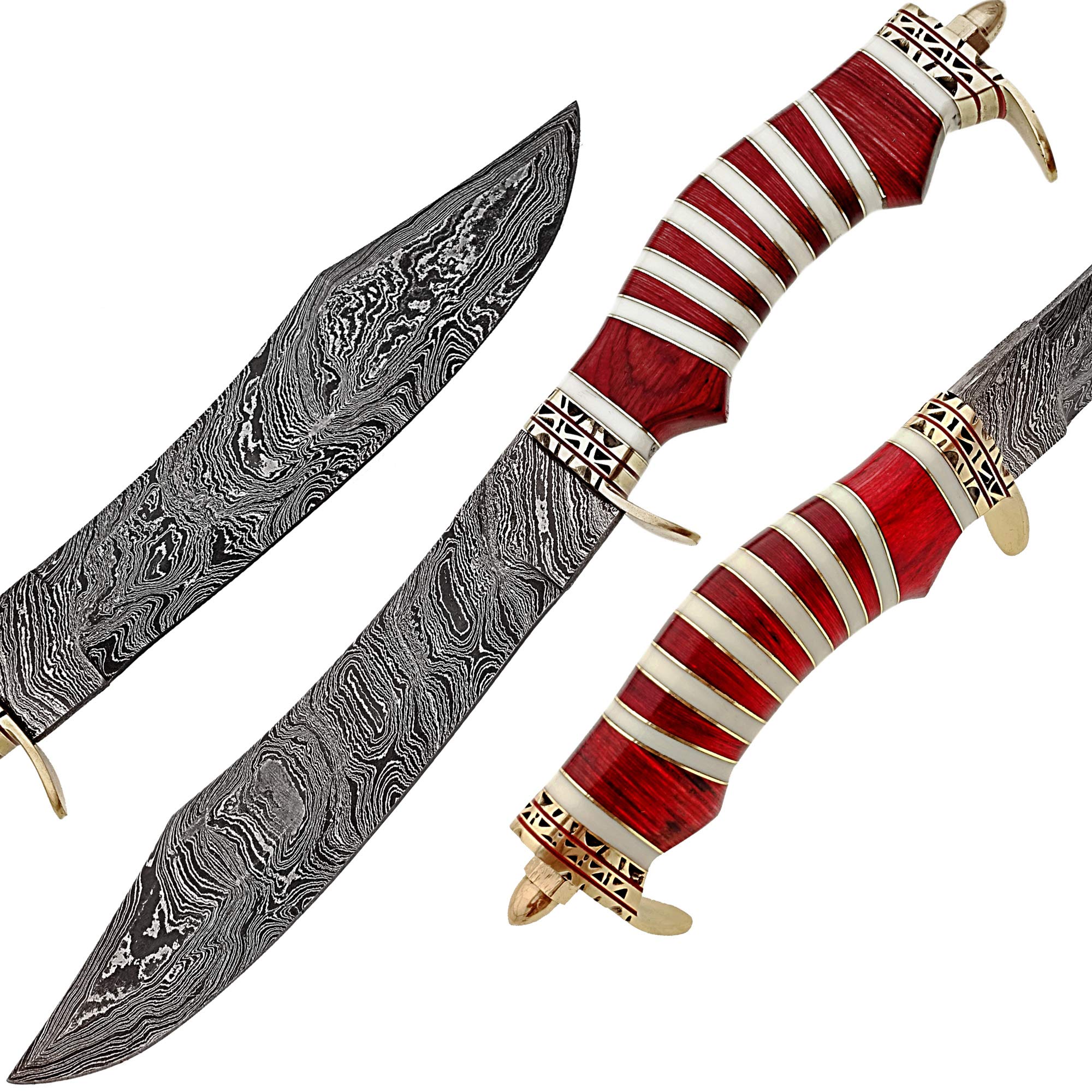 Damascus Steel Hunting Knife - Fixed Blade Knives with Sheath - Handle Combination of Walnut Wood and Camel Bone with Brass Spacer (RW)