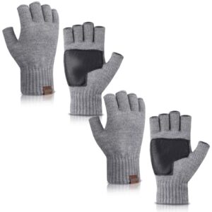 maylisacc 2 pair half finger knit gloves without finger tips winter, warm fingerless gloves for typing stretchy knit grey