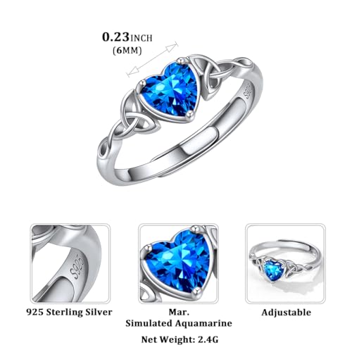 ChicSilver 925 Sterling Silver March Birthstone Rings 6mm Blue Aquamarine Celtic Trinity Knot Heart Shape Engagement Band Rings for Women