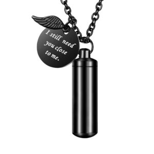 abooxiu cylinder urn necklace for ashes cremation jewelry/keychain for human pet stainless steel memorial keepsake pendant with angel wing charm ashes jewelry-black m