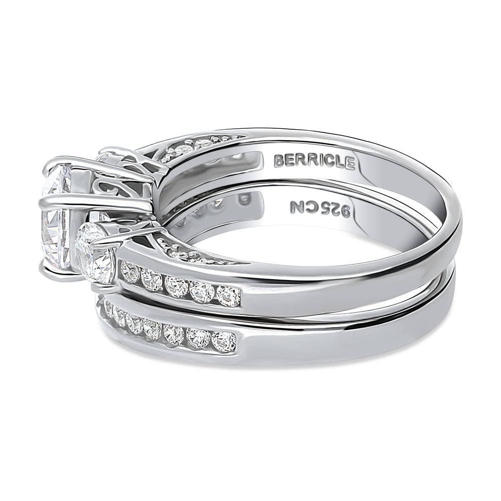 BERRICLE Sterling Silver 3-Stone Wedding Engagement Rings Round Cubic Zirconia CZ Ring Set for Women, Rhodium Plated Size 8