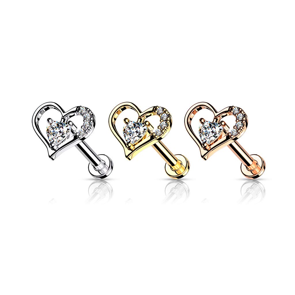 Amelia Fashion 16GA Paved Heart Contour Heart CZ Solitaire Internally Threaded 316L Surgical Steel Flat Back Studs for Labret, Monroe, Cartilage and More (Rose Gold - 16GA (1.2mm) - L.5/16" (8mm))