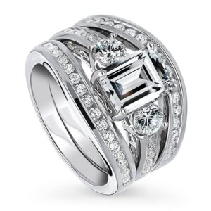 berricle sterling silver 3-stone wedding engagement rings emerald cut cubic zirconia cz ring set for women, rhodium plated size 7.5