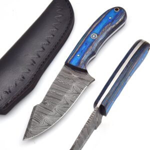 premium custom handmade damascus hunting knife | bushcraft knife with sheath | 8 inch survival knife for men | fixed blade exotic blue and black pakkawood handle