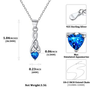 ChicSilver 925 Sterling Silver Irish Celtic Necklace March Birthstone Heart Ocean Blue Aquamarine Pendant Necklace Celtic Knot Jewelry for Women