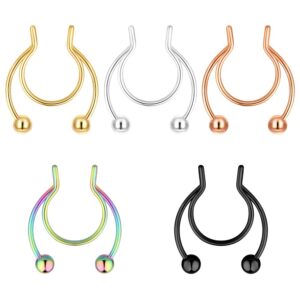 fzroezz 20g fake nose rings hoop clip-on stainless steel septum jewelry non piercing fake cartilage earring lip rings faux nose ring piercing jewelry for women men (set f)