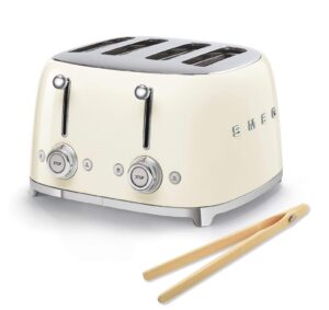 smeg 50s retro 4-slot toaster tsf03crus bundle with bamboo tongs - cream