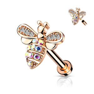 amelia fashion 16 micro cz paved bee with ab crystals internally threaded 316l surgical steel for labret, monroe, cartilage, and more (rose gold - 16ga (1.2mm) - l.1/4" (6mm))