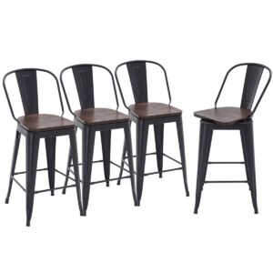 haobo home swivel metal barstools high back counter bar stools set of 4 (matte black with wooden seat, swivel 24 inch)