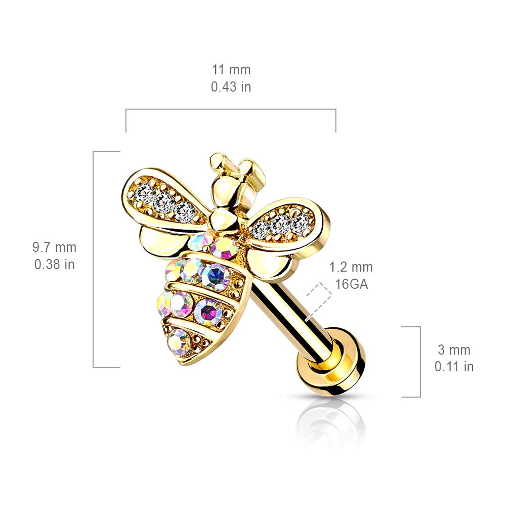 Amelia Fashion 16 Micro CZ Paved Bee with AB Crystals Internally Threaded 316L Surgical Steel for Labret, Monroe, Cartilage, and More (Rose Gold - 16GA (1.2mm) - L.1/4" (6mm))