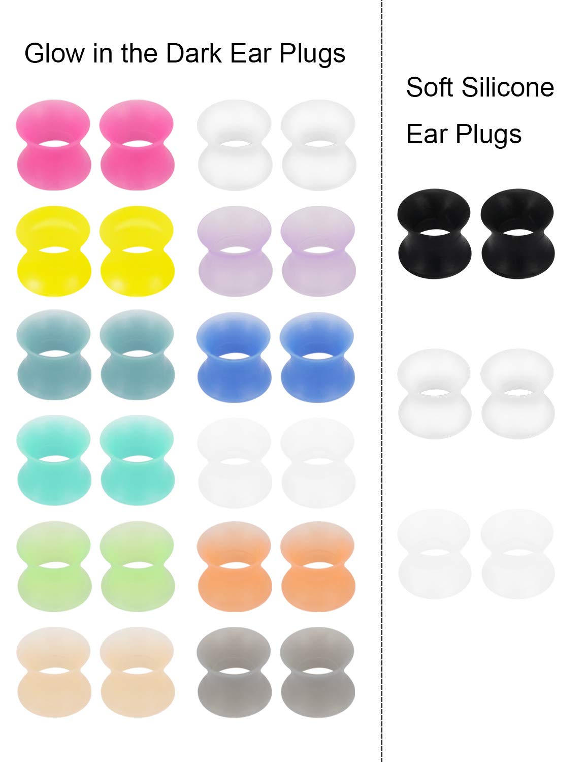 Lcolyoli 30PCS Glow in The Dark Soft Thin Silicone Ear Gauges Flesh Tunnels Plugs Stretchers Expander Double Flared Flesh Tunnels Flexible Ear Earlets Piercing Jewelry for Women Men 00G 10mm