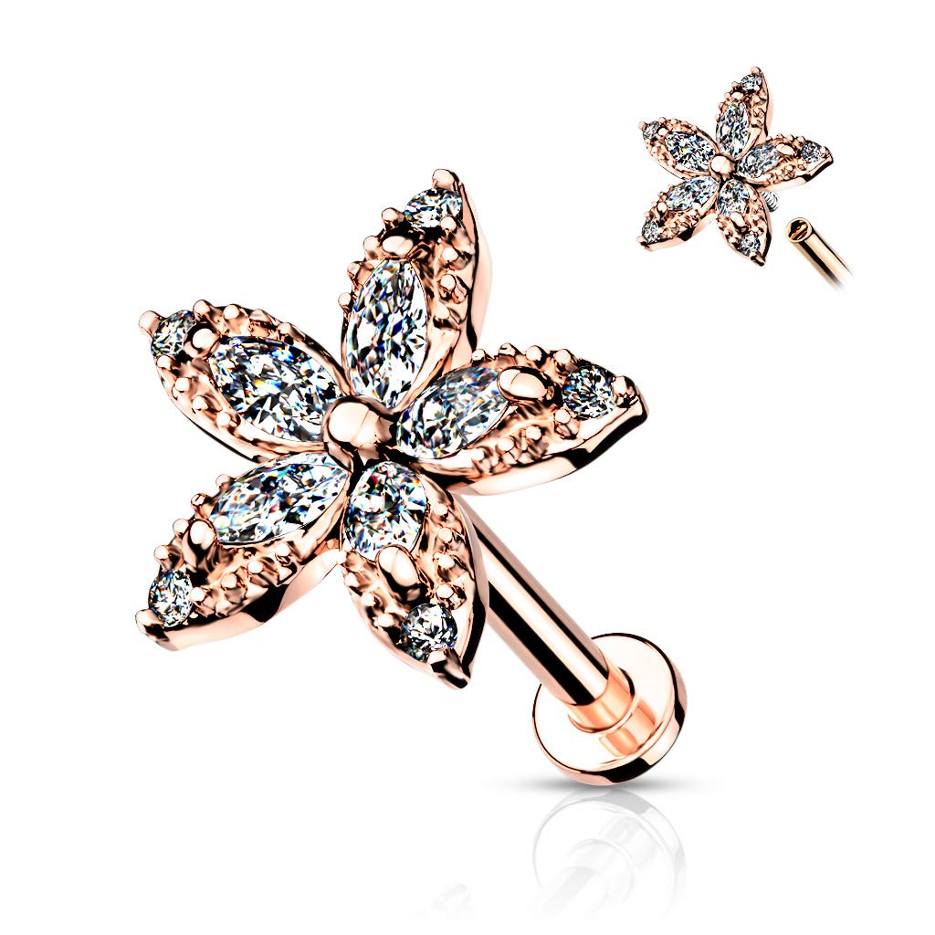 Amelia Fashion 16 Gauge Marquise CZ Flower Top Internally Threaded Flat Back Studs for Labret, Monroe, Cartilage, and More 316L Surgical Steel (Choose Color) (Rose Gold 16GA (1.2mm) L.5/16" (8mm))