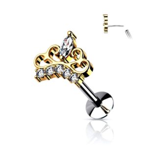 covet jewelry cz paved tiara threadless top 316l surgical steel push in style labret, flat back studs for ear cartilage and nose (18ga, length: 5/16" (8mm), gold/clear)