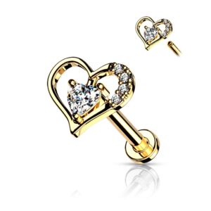 amelia fashion 16ga paved heart contour heart cz solitaire internally threaded 316l surgical steel flat back studs for labret, monroe, cartilage and more (gold - 16ga (1.2mm) - l.5/16" (8mm))