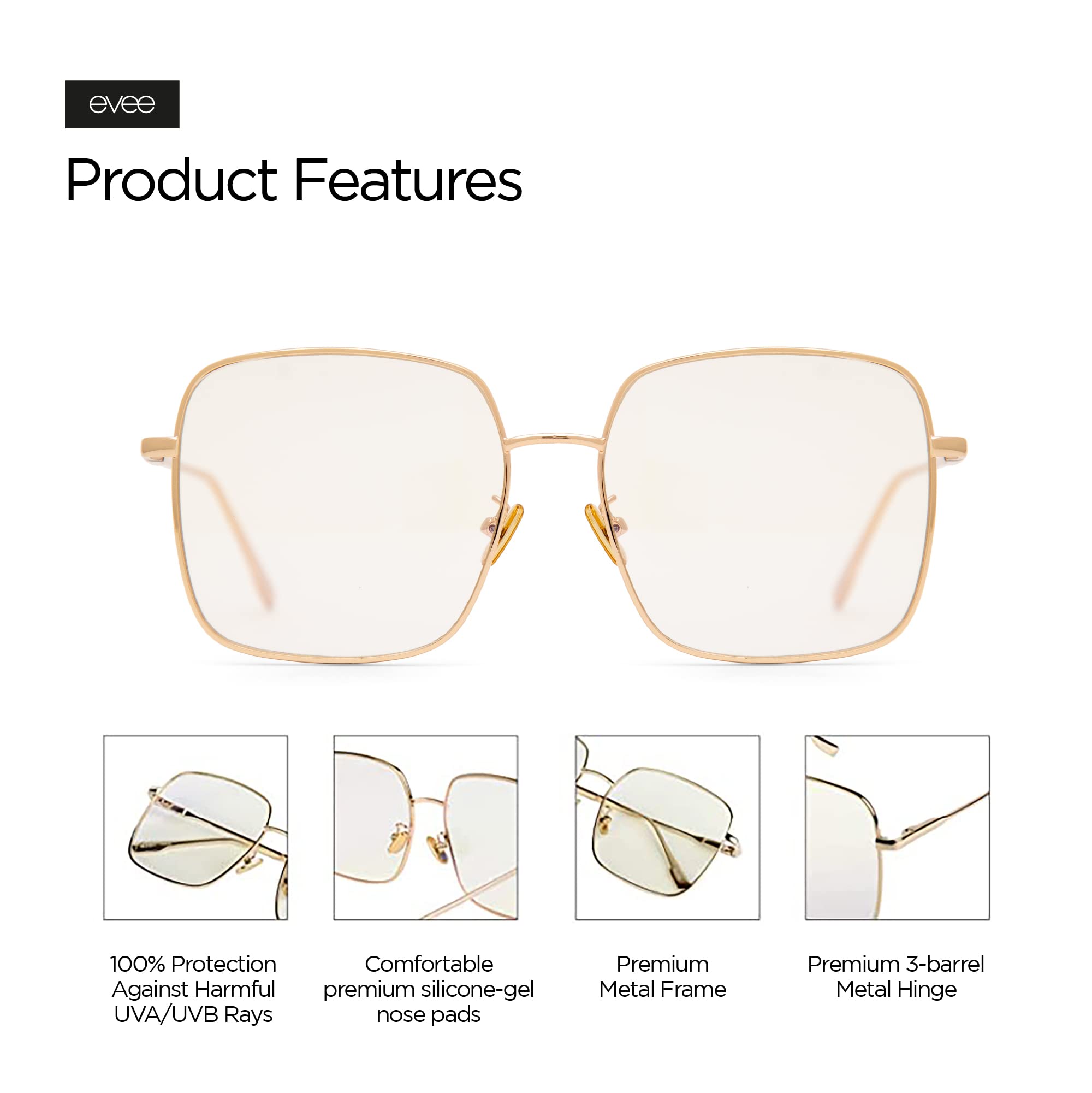 EVEE Square Oversized Anti-Blue Light Glasses For Women with Flat Lenses and Metal Frame - Gold Oversized Square Sunglasses - (Kelly)