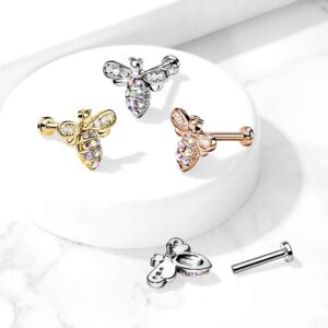 Amelia Fashion 16 Micro CZ Paved Bee with AB Crystals Internally Threaded 316L Surgical Steel for Labret, Monroe, Cartilage, and More (Rose Gold - 16GA (1.2mm) - L.1/4" (6mm))