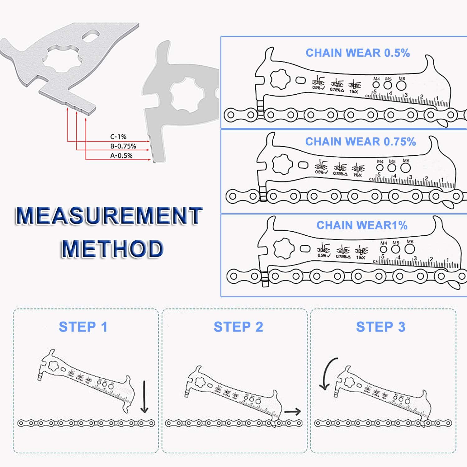 COOLWHEEL Bicycle Chain Checker - Bike Wear Indicator Gauge Measuring Ruler Tool Bike Parts Repair Kit for Mountain and Road Bikes, Folding Bicycle