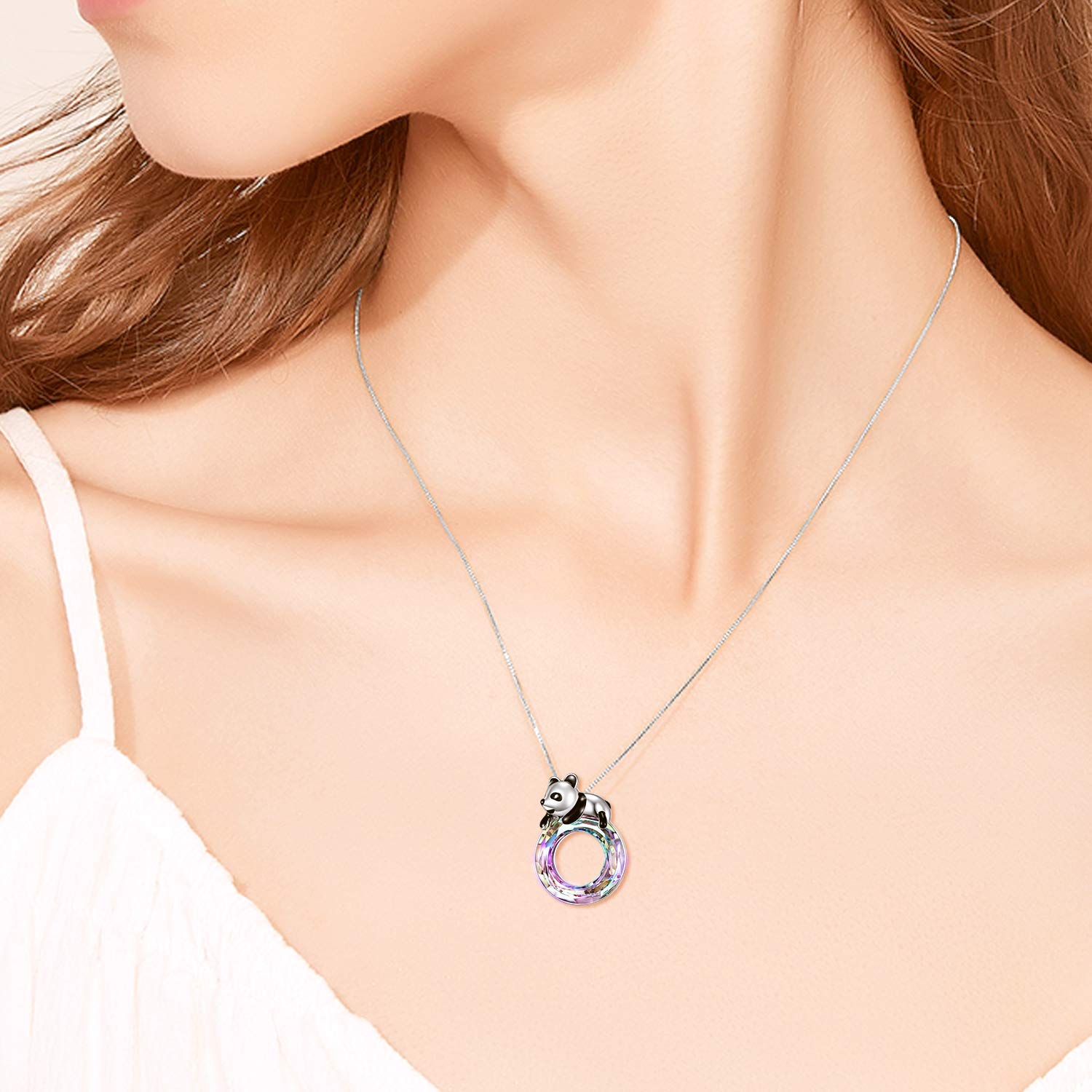 AOBOCO Panda Gifts for Women Purple Crystal Panda Necklace Sterling Silver Birthday Gifts for Daughter