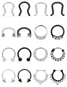 lcolyoli 16pcs 16g surgical steel septum piercing nose rings hoop clear diamond cz septum clicker retainer piercing jewelry for women men 10mm (3/8inch) silver-tone black