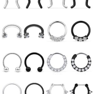 Lcolyoli 16PCS 16G Surgical Steel Septum Piercing Nose Rings Hoop Clear Diamond CZ Septum Clicker Retainer Piercing Jewelry for Women Men 10MM (3/8Inch) Silver-tone Black