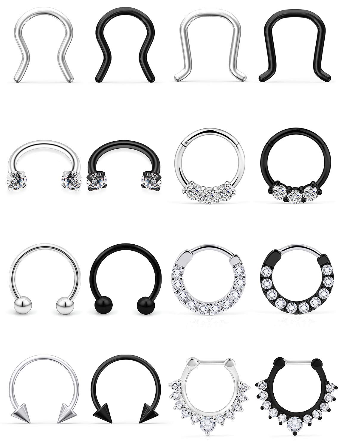 Lcolyoli 16PCS 16G Surgical Steel Septum Piercing Nose Rings Hoop Clear Diamond CZ Septum Clicker Retainer Piercing Jewelry for Women Men 10MM (3/8Inch) Silver-tone Black