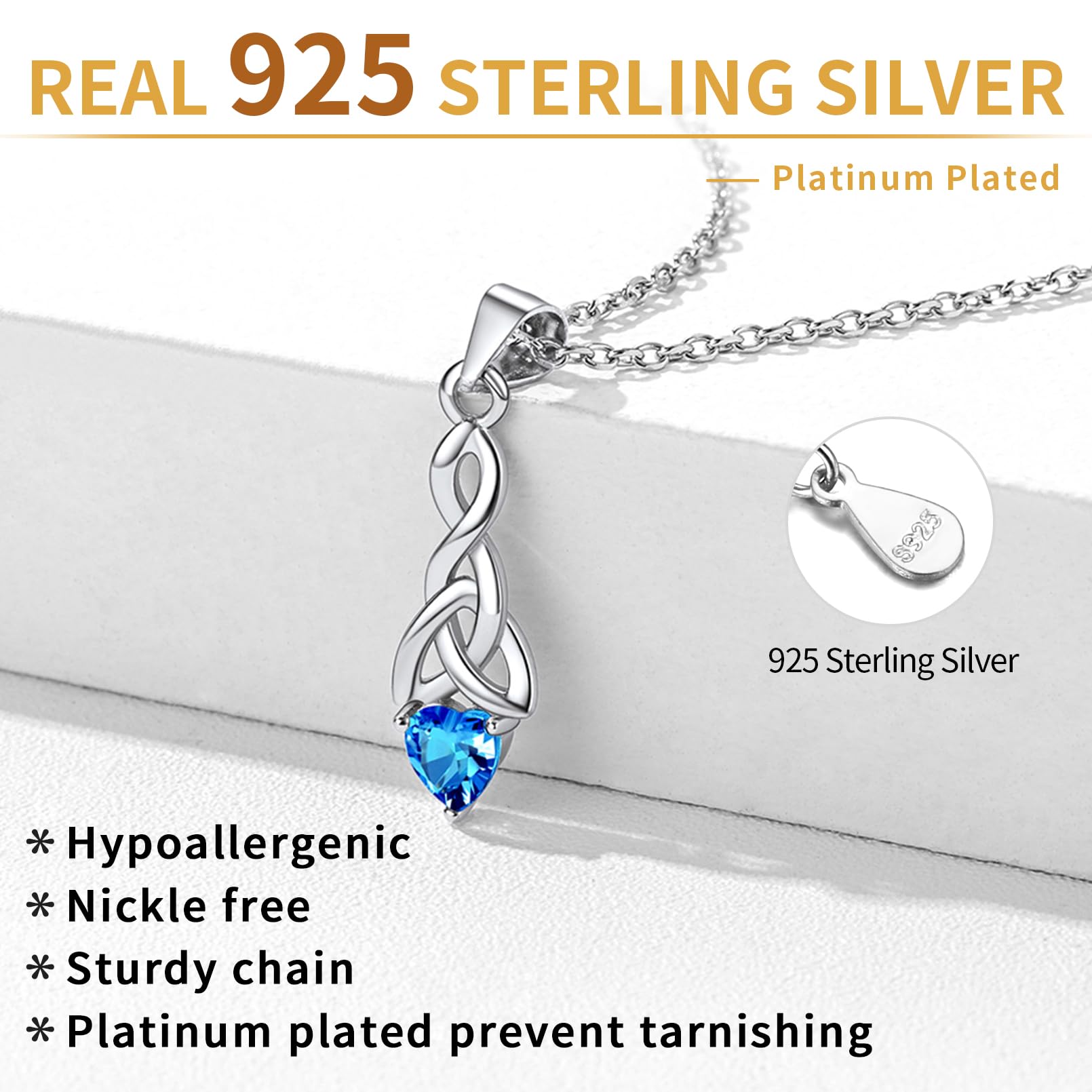 ChicSilver 925 Sterling Silver Irish Celtic Necklace March Birthstone Heart Ocean Blue Aquamarine Pendant Necklace Celtic Knot Jewelry for Women