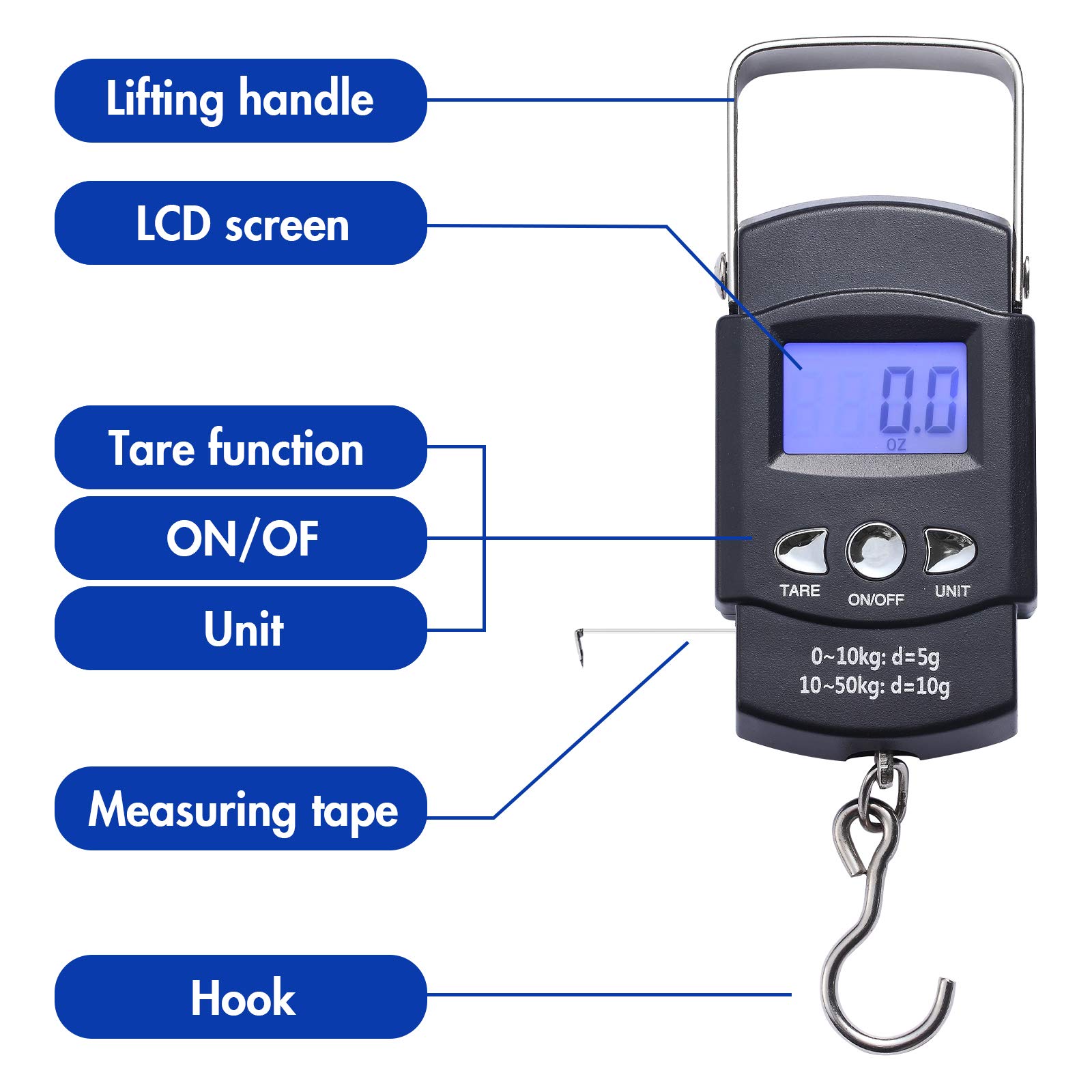 2 Pack Fish Scales, Portable Luggage Weight Scale with Backlit LCD Display 110lb / 50kg Electronic Balance Fishing Postal Hanging Hook Scale with 3.28 ft Measuring Tapes & 4 AAA Batteries (Black)