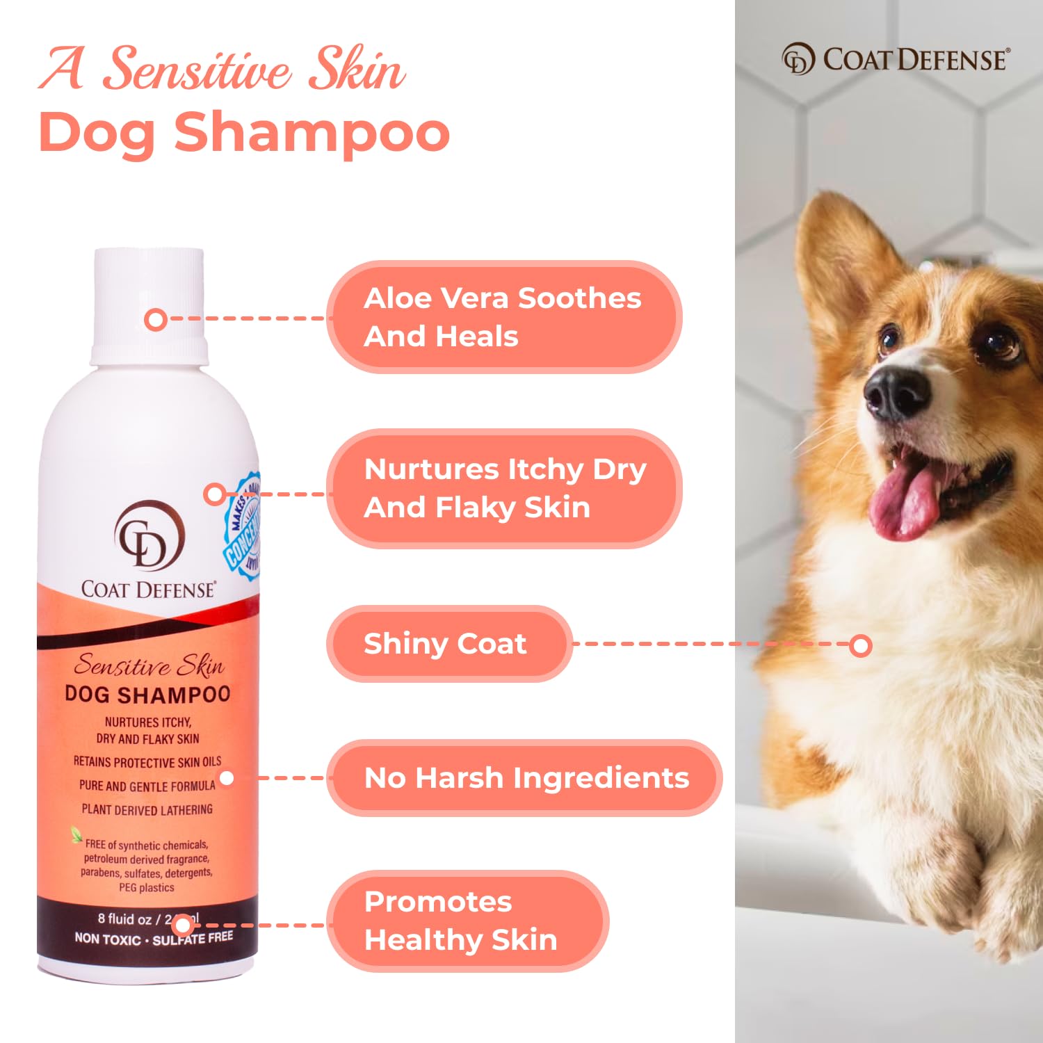 COAT DEFENSE CD Shampoo from All-Natural - Made in USA - Hypoallergenic & Concentrated | Aloe Based - Soothes and Relieves Itchy, Dry and Inflamed Skin | Safe for Everyone | 8 Ounces