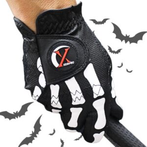 xeirpro skeleton death grip golf gloves for men – funny golf gloves for men – cool & tacky golf glove 2 pack – perfect for summer & fall golfing (black, medium, left)