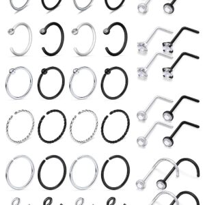 Lcolyoli Nose Rings Hoop 20g Surgical Stainless Steel Septum Ring L Shape Nose Studs Screw C Shape High Nostril Piercing Jewelry Pack for Women Men 40 Pieces Silver-tone Black