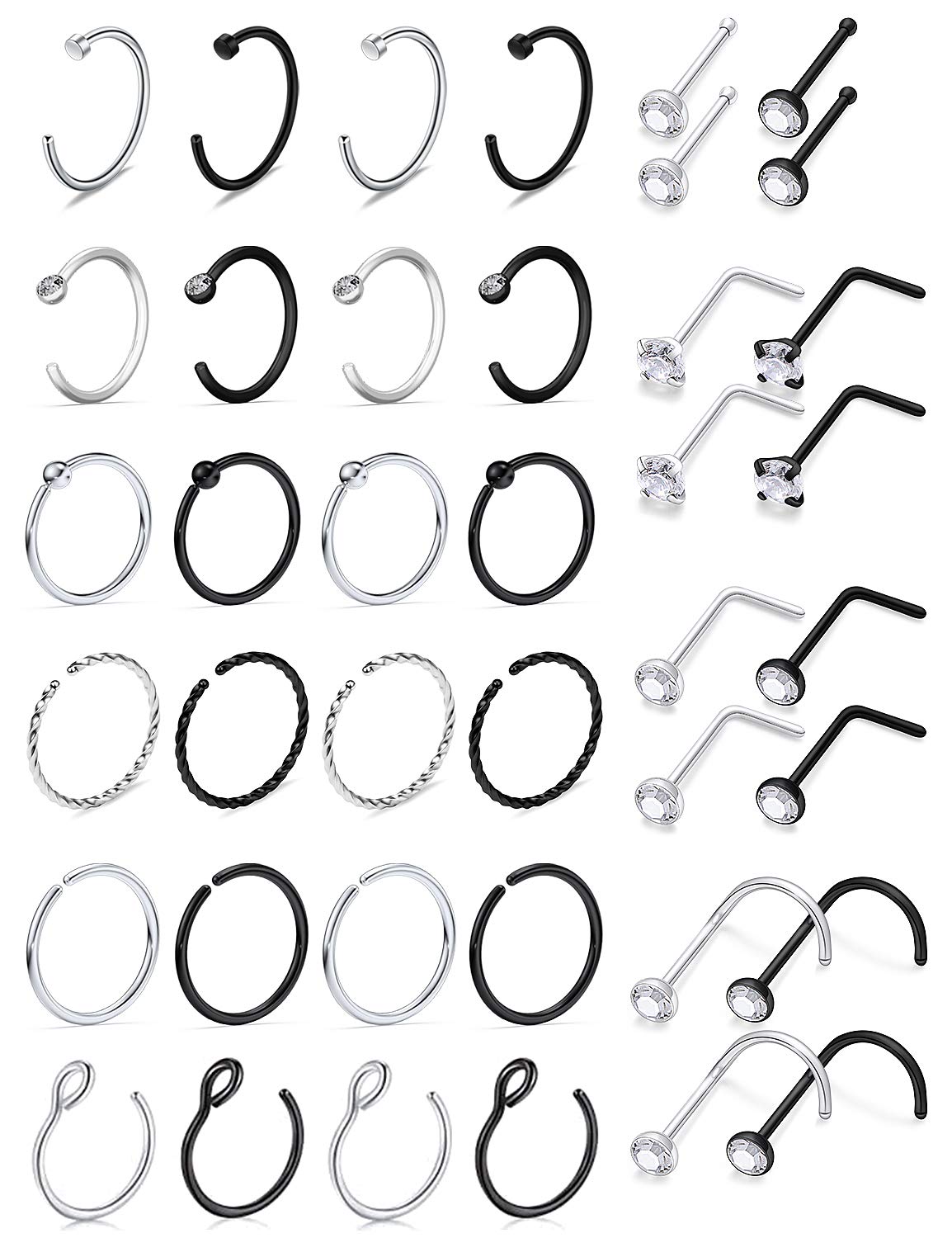 Lcolyoli Nose Rings Hoop 20g Surgical Stainless Steel Septum Ring L Shape Nose Studs Screw C Shape High Nostril Piercing Jewelry Pack for Women Men 40 Pieces Silver-tone Black