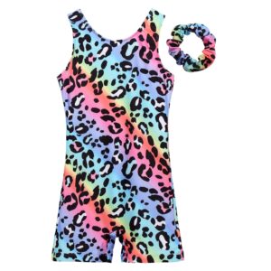 jeskids leotards for girls gymnastics with shorts dance biketards tumbling matching hair scrunchie leopard 4-5 years