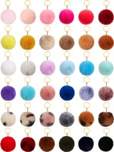 hicarer 36 pom poms keychains faux rabbit fur pompoms keyring pompom keychain (2.4 inch)