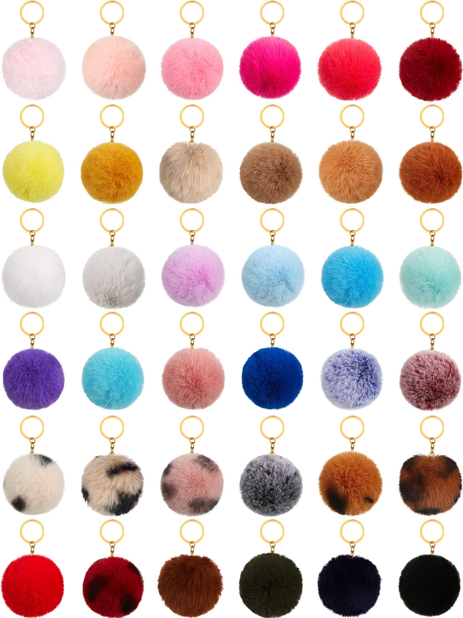 Hicarer 36 Pom Poms Keychains Faux Rabbit Fur Pompoms Keyring Pompom Keychain (2.4 Inch)