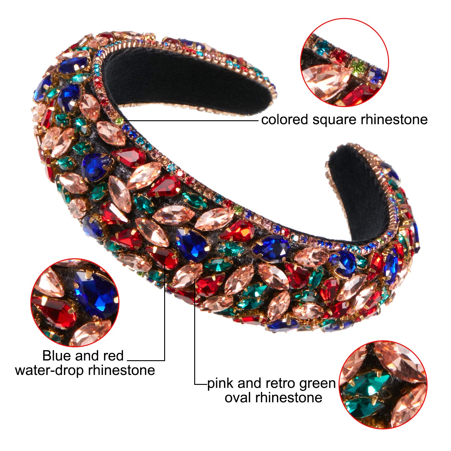 Velvet Padded Crystal Rhinestone Headband Crystal Embellished Hair Hoop Retro Jewelled Hairband Hair Accessory for Women Girl Wedding Parties Ceremonies Birthday Banquet