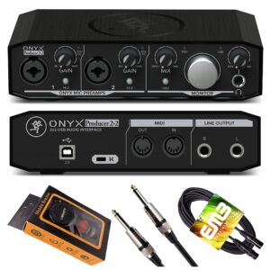 mackie onyx producer 2-2 usb audio interface 24-bit/192khz, with 2 onyx mic preamps, zero-latency direct monitoring, midi i/o, and software with gravity phone holder and emb 1/4" and xlr cable bundle