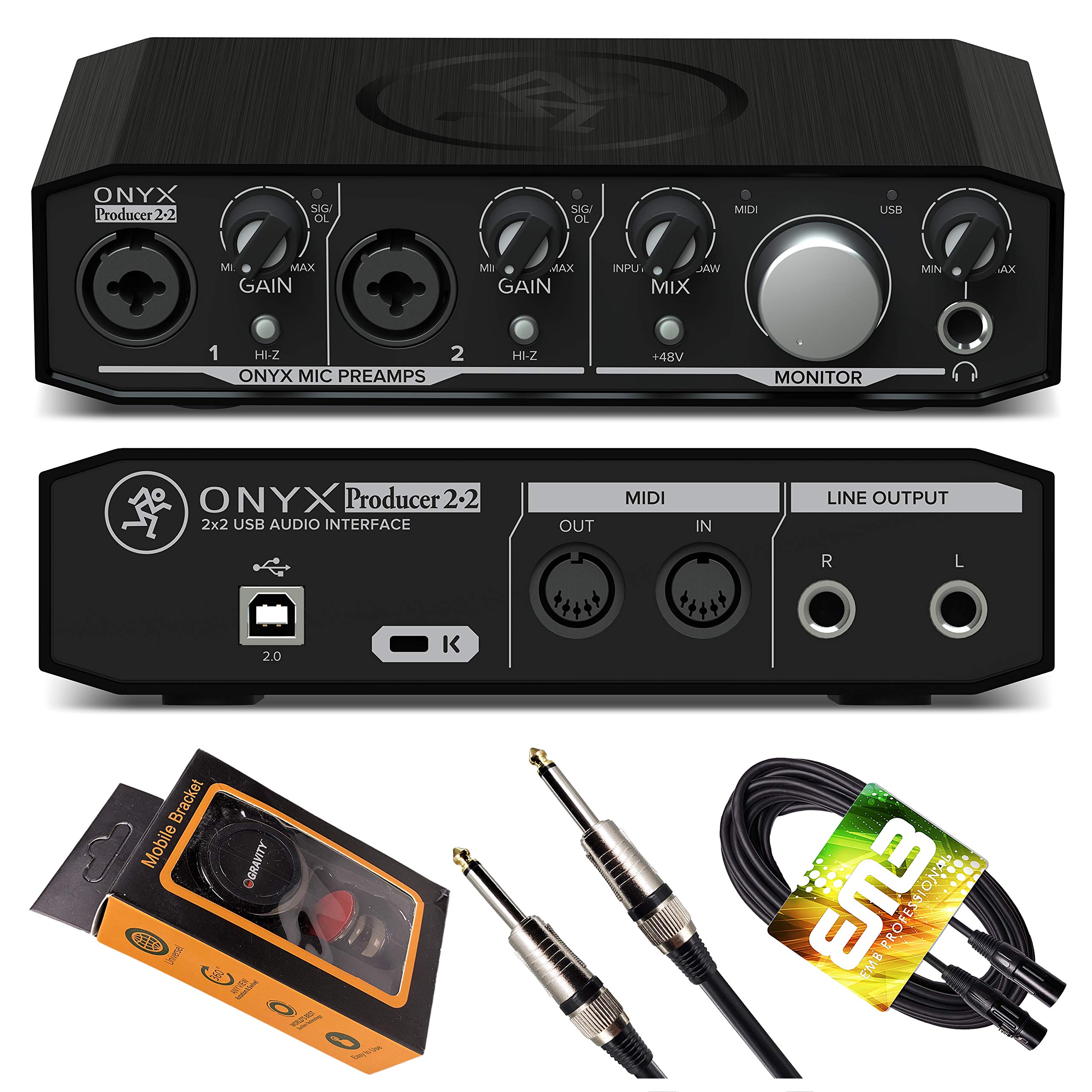 Mackie Onyx Producer 2-2 USB Audio Interface 24-bit/192kHz, with 2 Onyx Mic Preamps, Zero-Latency Direct Monitoring, MIDI I/O, and Software with Gravity Phone Holder and EMB 1/4" and XLR Cable Bundle