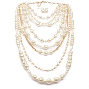 Askana Women's Vintage Retro Classic Style 1920s Fashion Faux Simulate Pearls White Beads Long Multi-layer Layered Statement Strands Necklace with Earrings